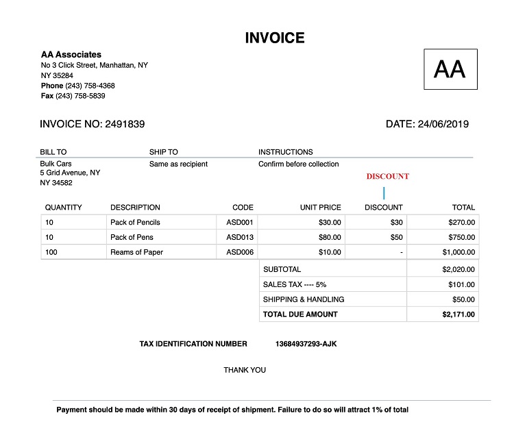 7 Discount Invoice Sample Excel Templates